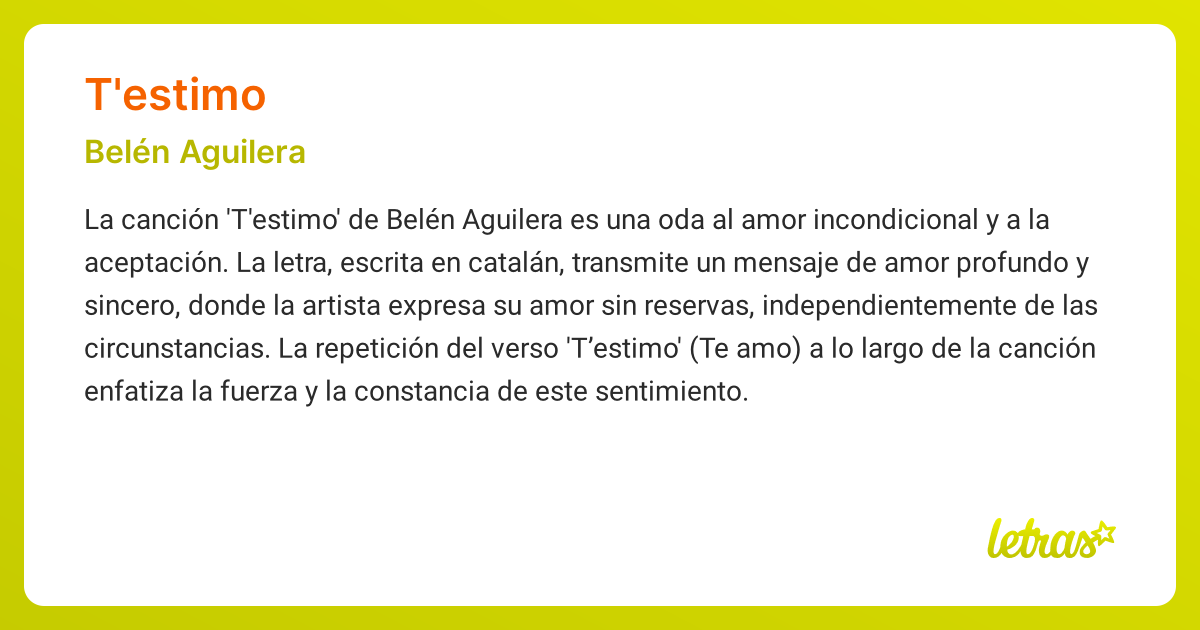Significado de la canción T'ESTIMO (Belén Aguilera) - LETRAS.COM