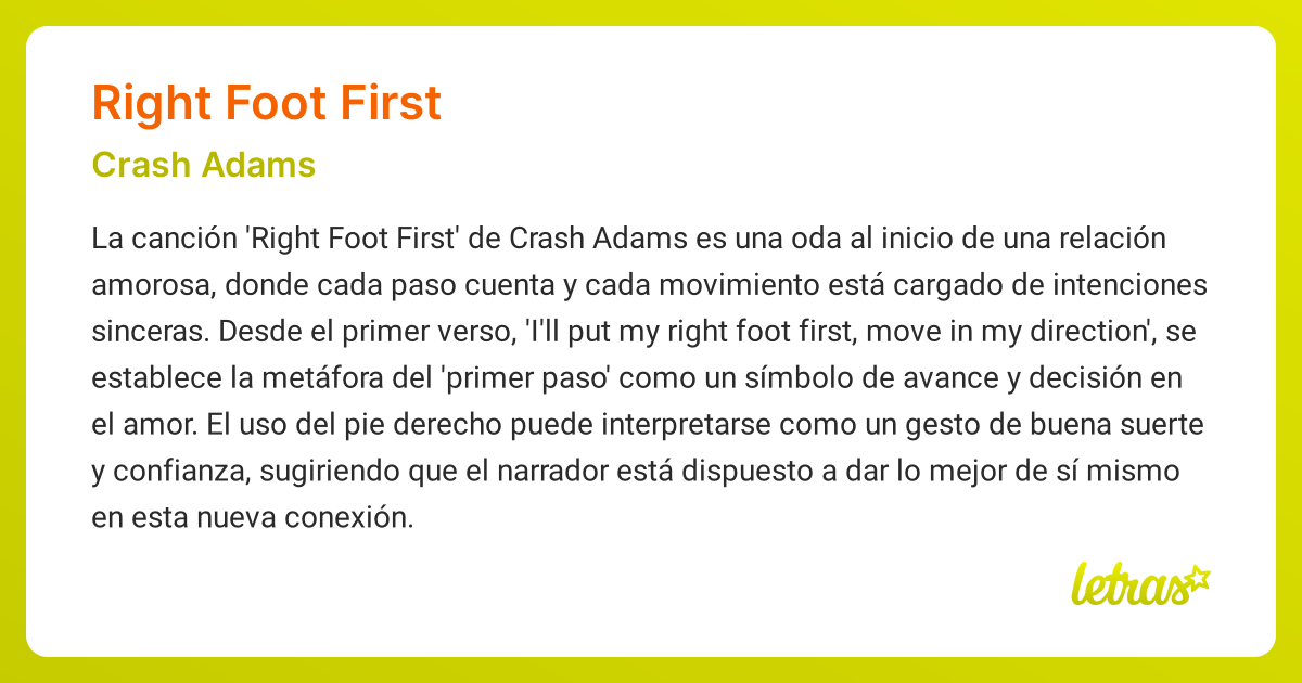 Significado de la canción RIGHT FOOT FIRST (Crash Adams) - LETRAS.COM