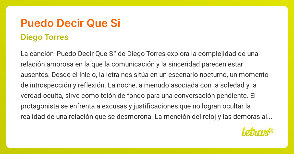 Significado de la canción PUEDO DECIR QUE SI (Diego Torres) - LETRAS.COM