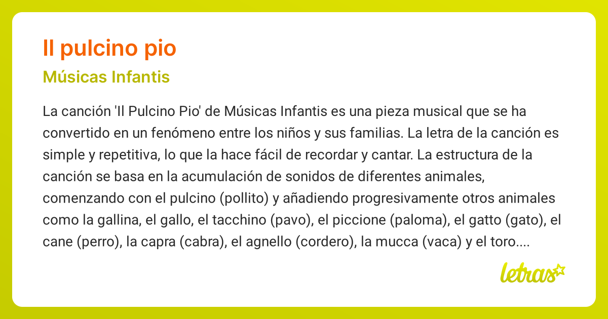 Significado de la canción IL PULCINO PIO (Músicas Infantis) - LETRAS.COM