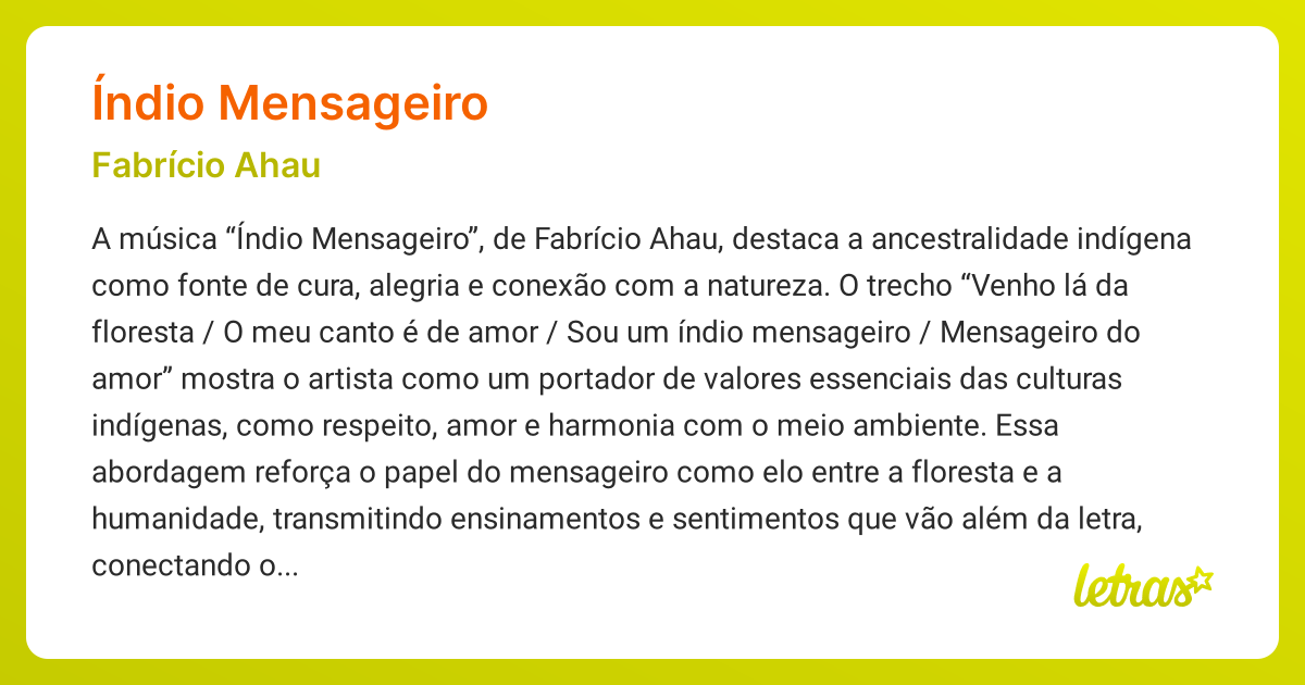 Significado da música ÍNDIO MENSAGEIRO (Fabrício Ahau) - LETRAS.MUS.BR