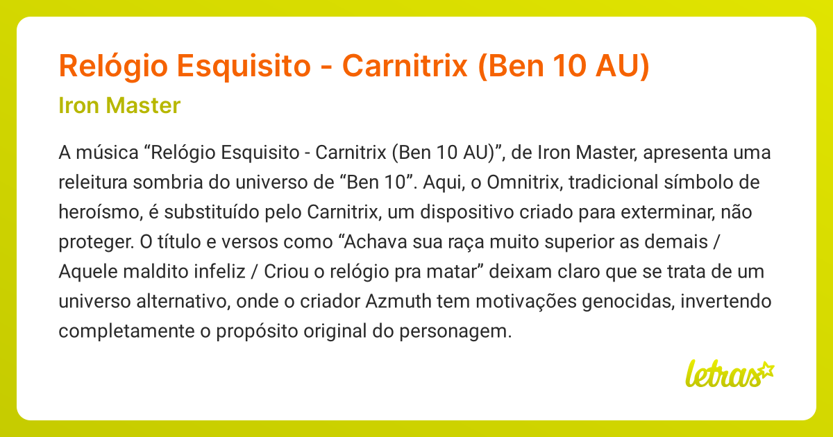 Significado da música Relógio Esquisito - Carnitrix (Ben 10 AU) (Iron ...