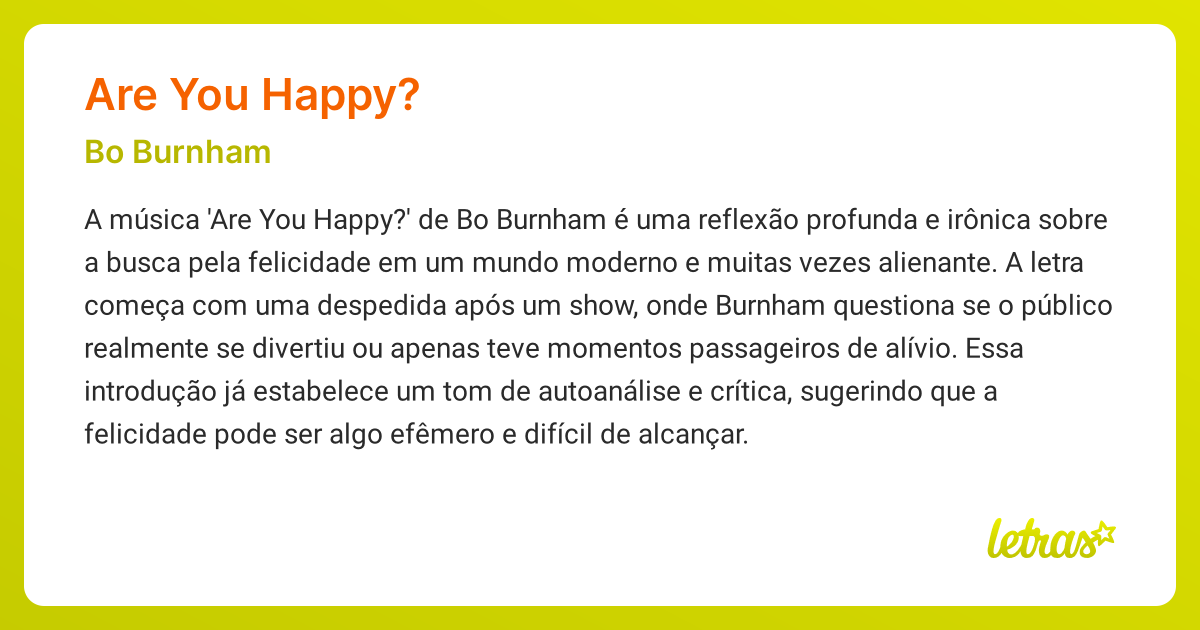 Significado da música ARE YOU HAPPY? (Bo Burnham) - LETRAS.MUS.BR