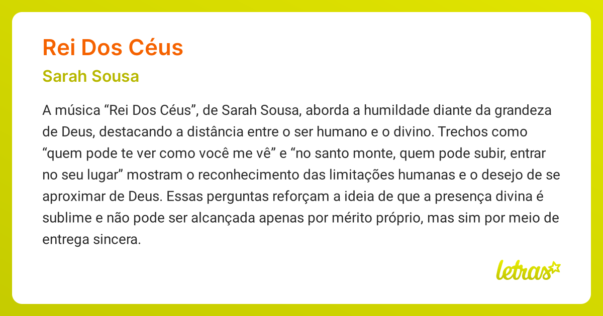 Significado da música REI DOS CÉUS (Sarah Sousa) - LETRAS.MUS.BR