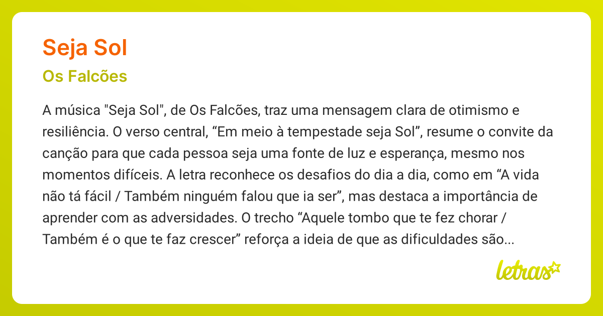 Significado da música SEJA SOL (Os Falcões) - LETRAS.MUS.BR