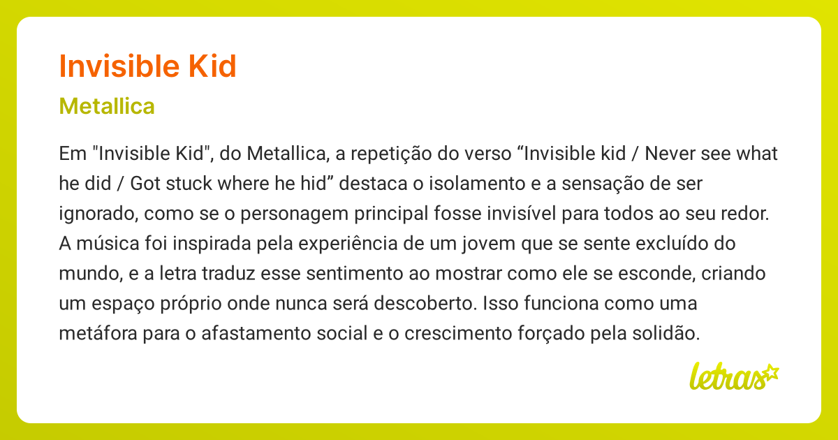 Significado da música INVISIBLE KID (Metallica) - LETRAS.MUS.BR