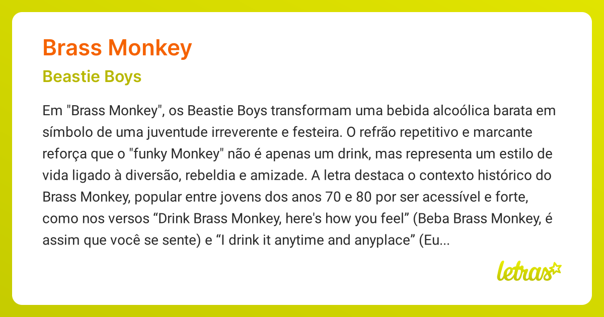Significado da música BRASS MONKEY (Beastie Boys) - LETRAS.MUS.BR