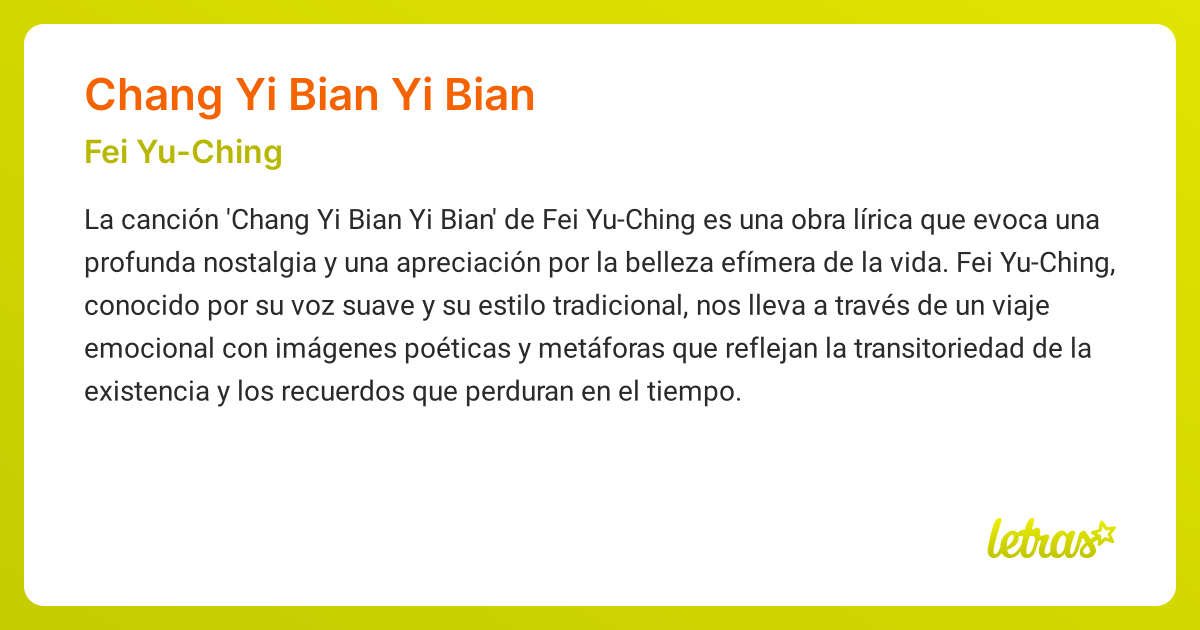 Significado de la canción CHANG YI BIAN YI BIAN (Fei Yu-Ching) - LETRAS.COM