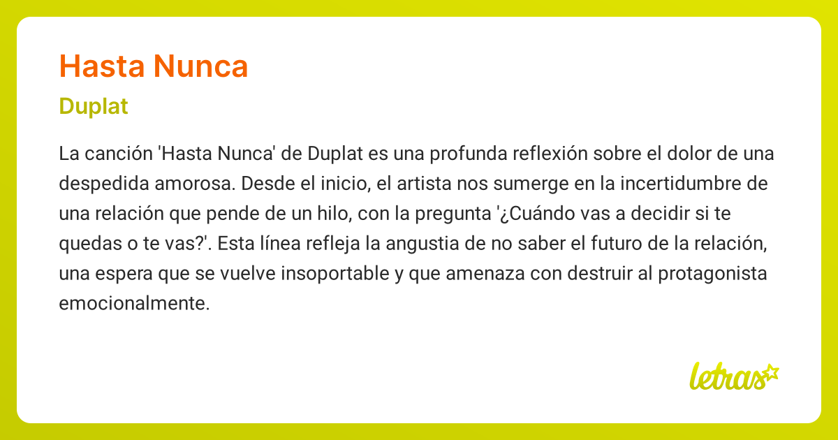 Significado de la canción HASTA NUNCA (Duplat) - LETRAS.COM