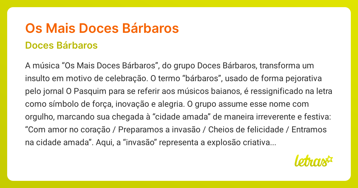 Significado da música OS MAIS DOCES BÁRBAROS (Doces Bárbaros) - LETRAS ...
