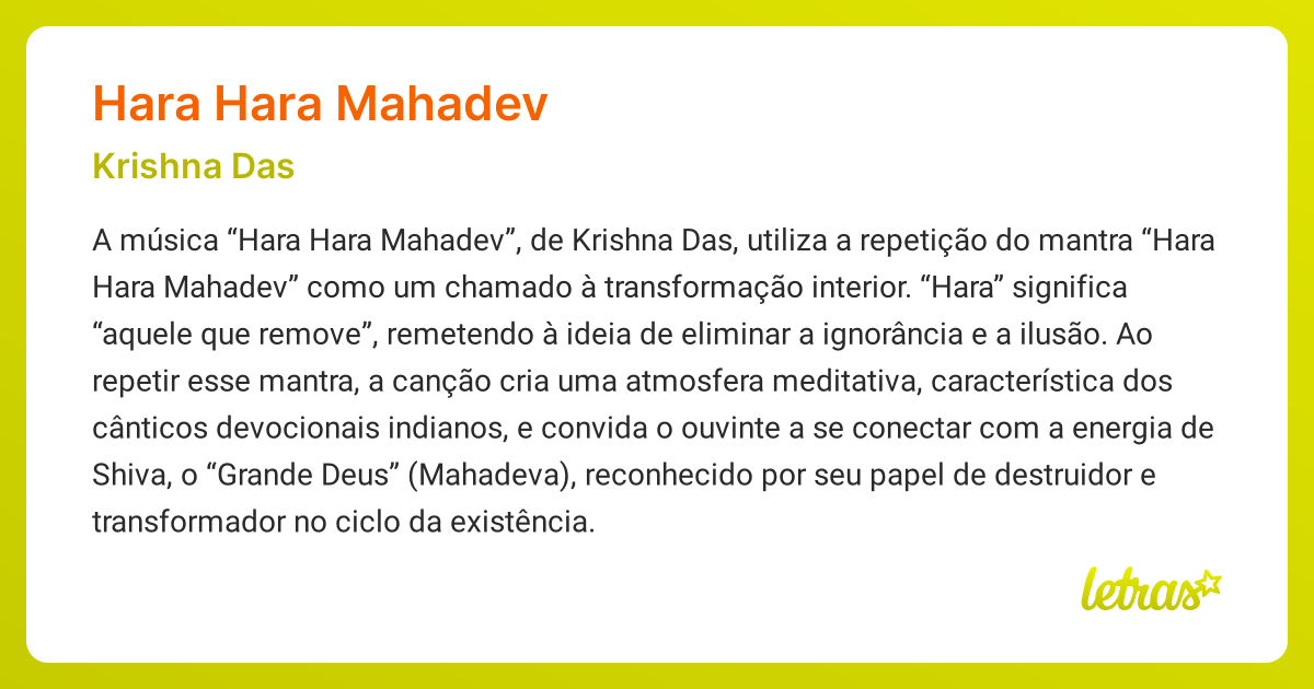 Significado da música HARA HARA MAHADEV (Krishna Das) - LETRAS.MUS.BR