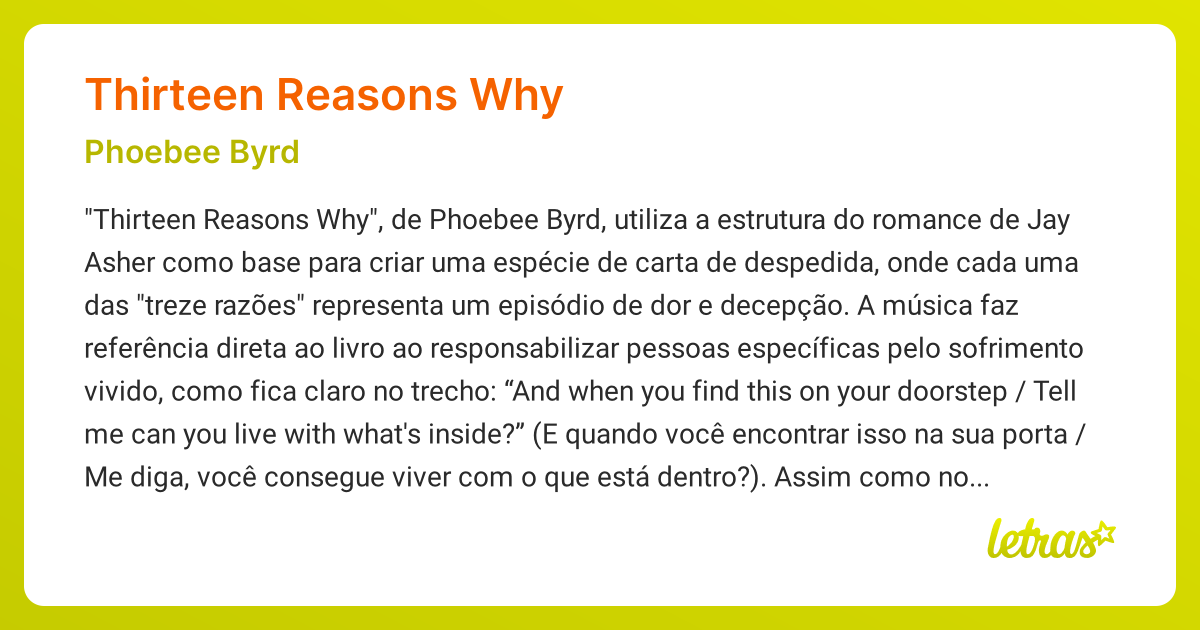 Significado da música THIRTEEN REASONS WHY (Phoebee Byrd) - LETRAS.MUS.BR