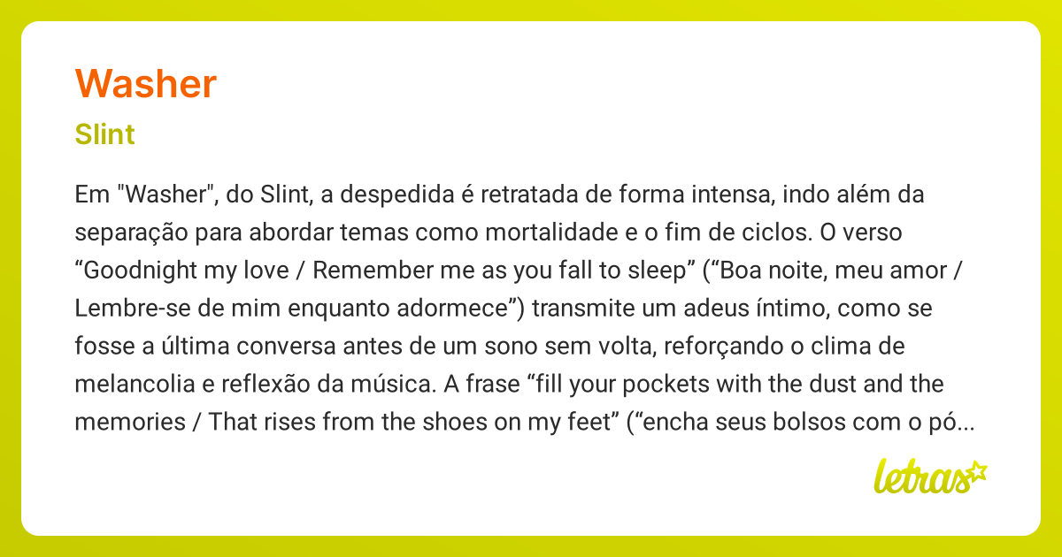 Significado da música WASHER (Slint) - LETRAS.MUS.BR