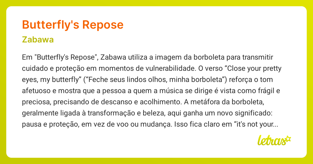 Significado da música BUTTERFLY'S REPOSE (Zabawa) - LETRAS.MUS.BR