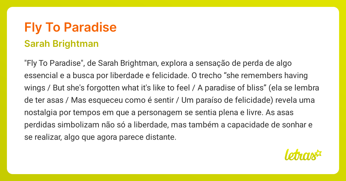 Significado da música FLY TO PARADISE (Sarah Brightman) - LETRAS.MUS.BR