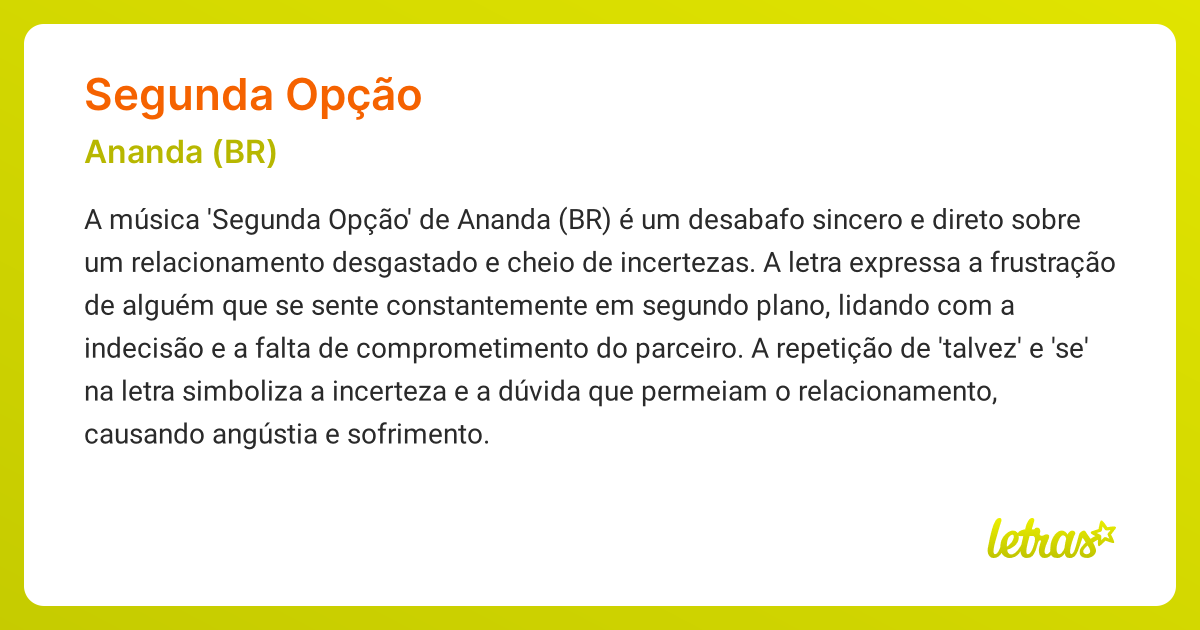 Significado da música SEGUNDA OPÇÃO (Ananda (BR)) - LETRAS.MUS.BR