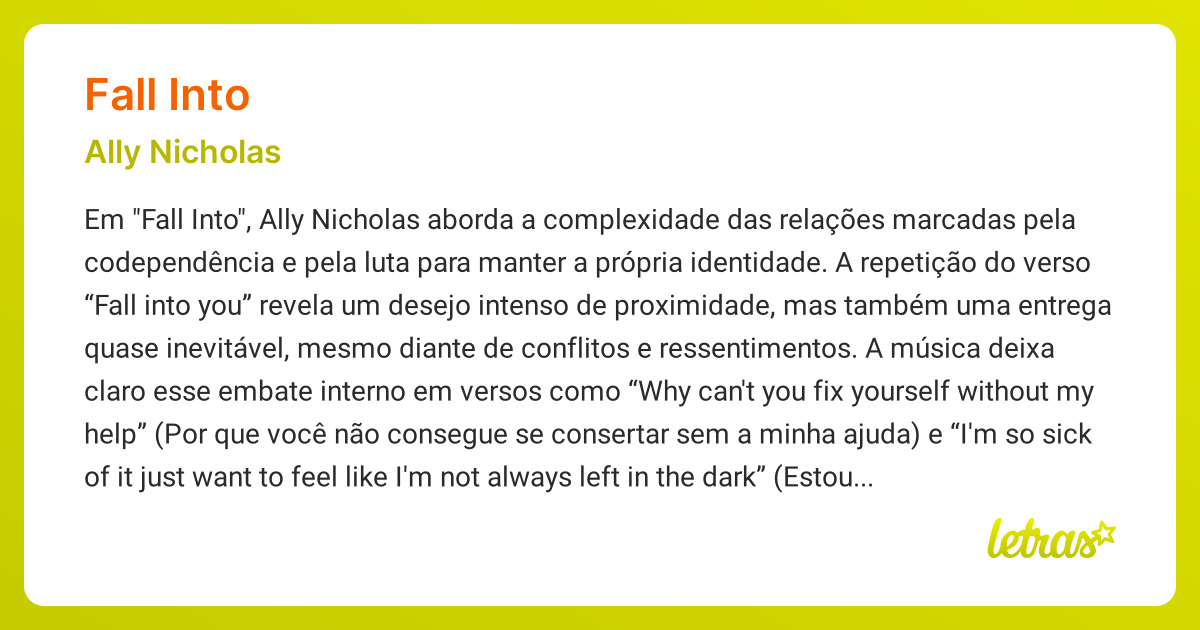 Significado da música FALL INTO (Ally Nicholas) - LETRAS.MUS.BR