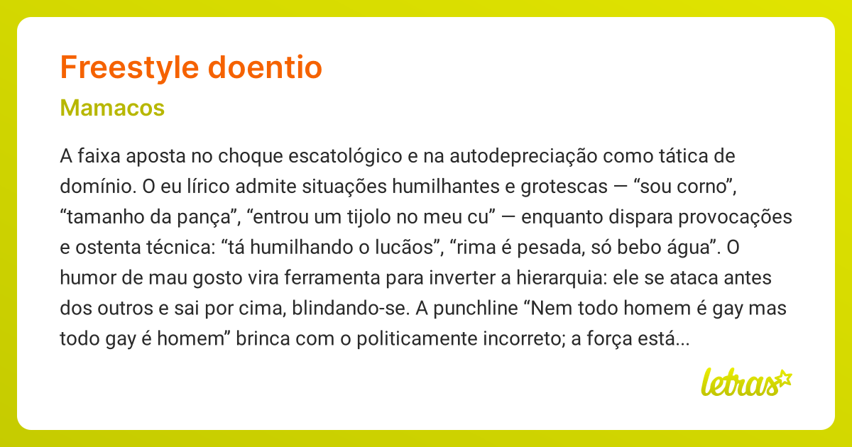 Significado da música FREESTYLE DOENTIO (Mamacos) - LETRAS.MUS.BR