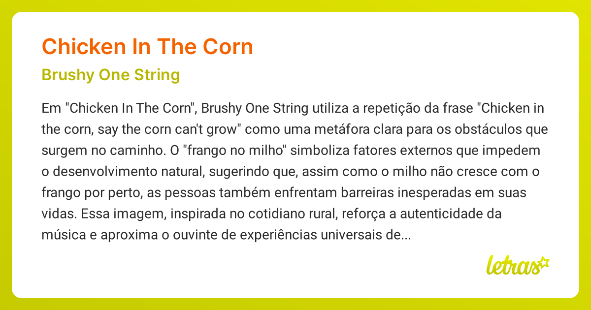 Significado da música CHICKEN IN THE CORN (Brushy One String) - LETRAS ...
