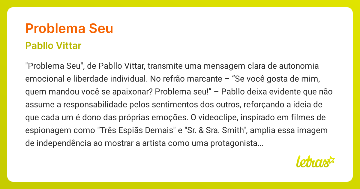 Significado da música PROBLEMA SEU (Pabllo Vittar) - LETRAS.MUS.BR