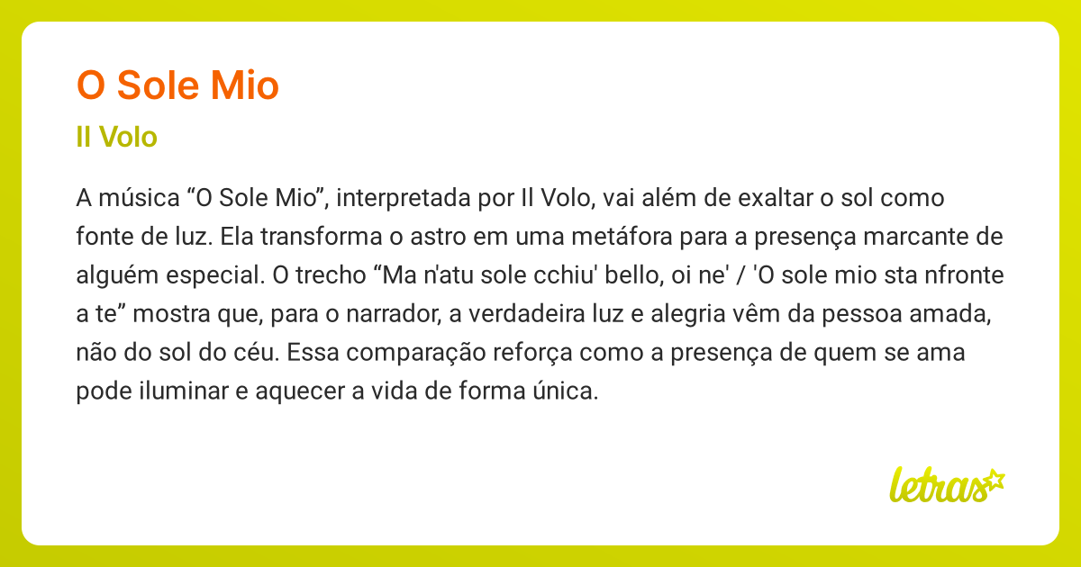 Significado da música O SOLE MIO (Il Volo) - LETRAS.MUS.BR