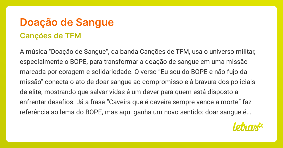 Significado da música DOAÇÃO DE SANGUE (Canções de TFM) - LETRAS.MUS.BR
