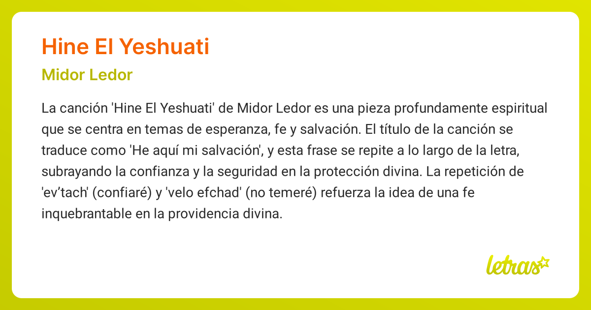 Significado de la canción HINE EL YESHUATI (Midor Ledor) - LETRAS.COM
