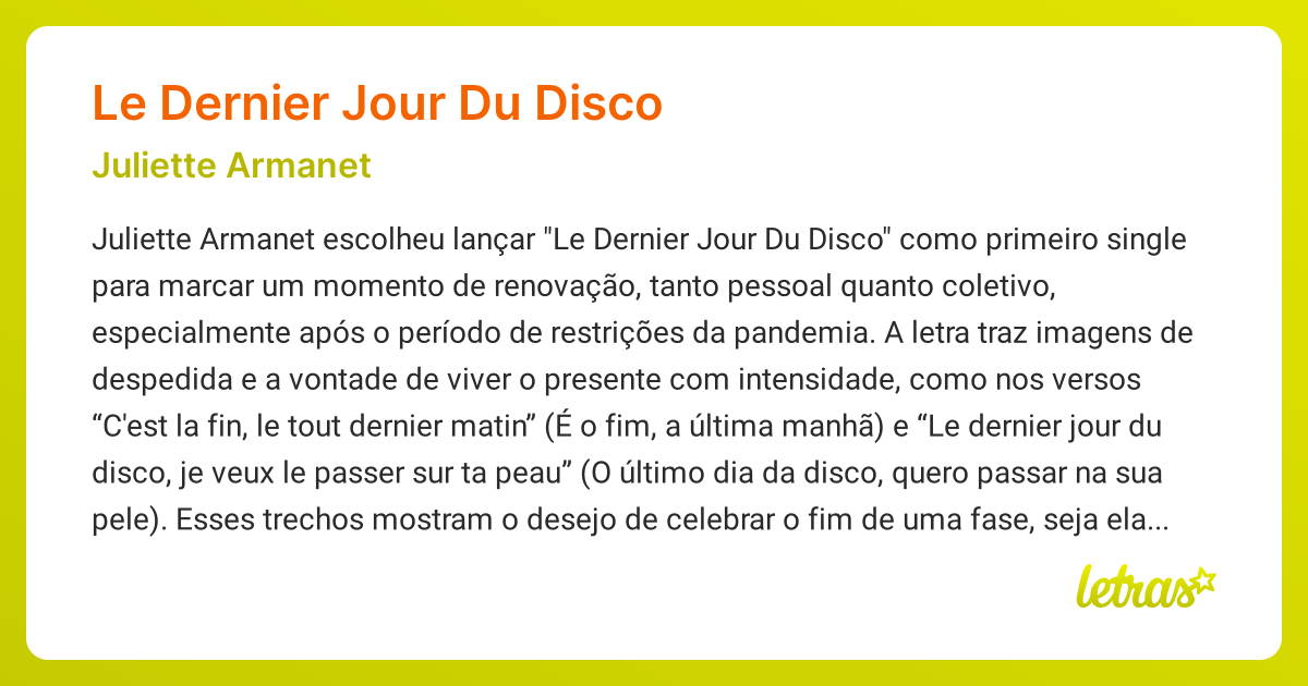 Significado da música LE DERNIER JOUR DU DISCO (Juliette Armanet ...