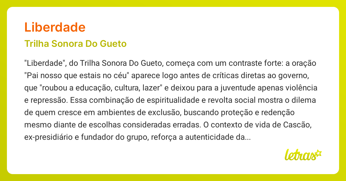 Significado da música LIBERDADE (Trilha Sonora Do Gueto) - LETRAS.MUS.BR