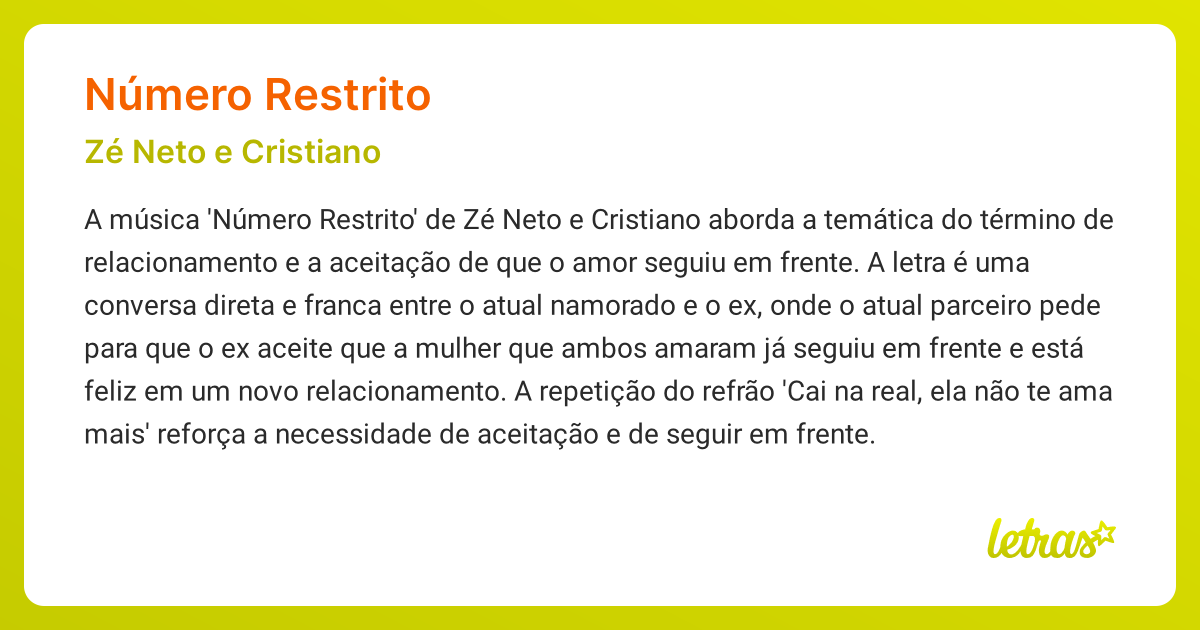 Significado da música NÚMERO RESTRITO (Zé Neto e Cristiano) - LETRAS.MUS.BR
