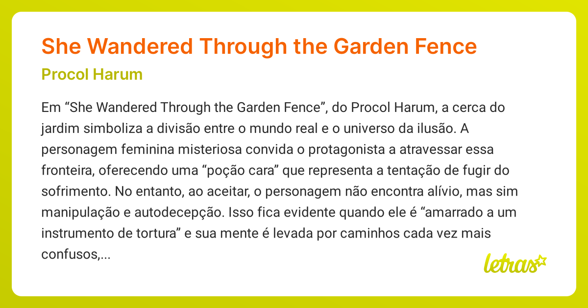 Significado da música She Wandered Through the Garden Fence (Procol ...