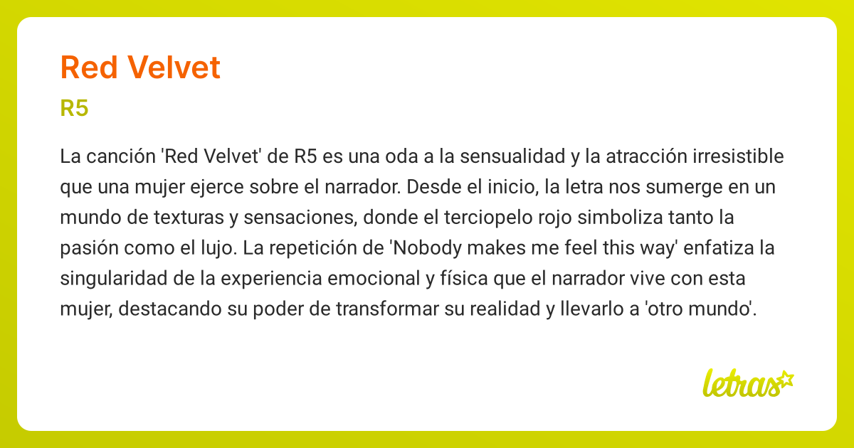 Significado de la canción RED VELVET (R5) - LETRAS.COM
