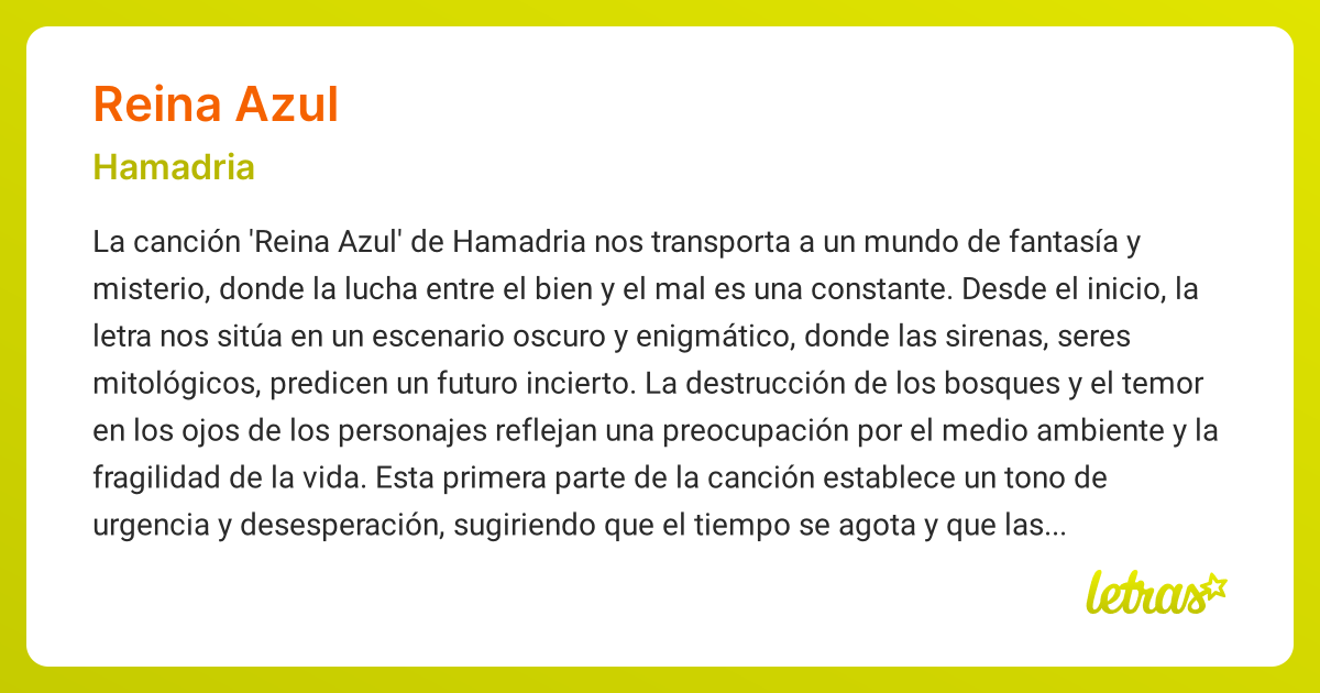 Significado de la canción REINA AZUL (Hamadria) - LETRAS.COM