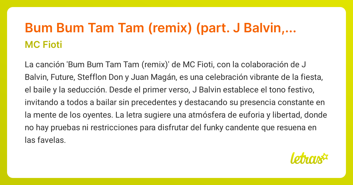 Significado de la canción Bum Bum Tam Tam (remix) (part. J Balvin ...