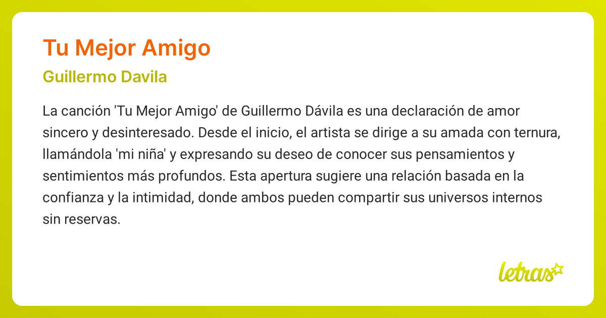 Significado de la canción TU MEJOR AMIGO (Guillermo Davila) - LETRAS.COM