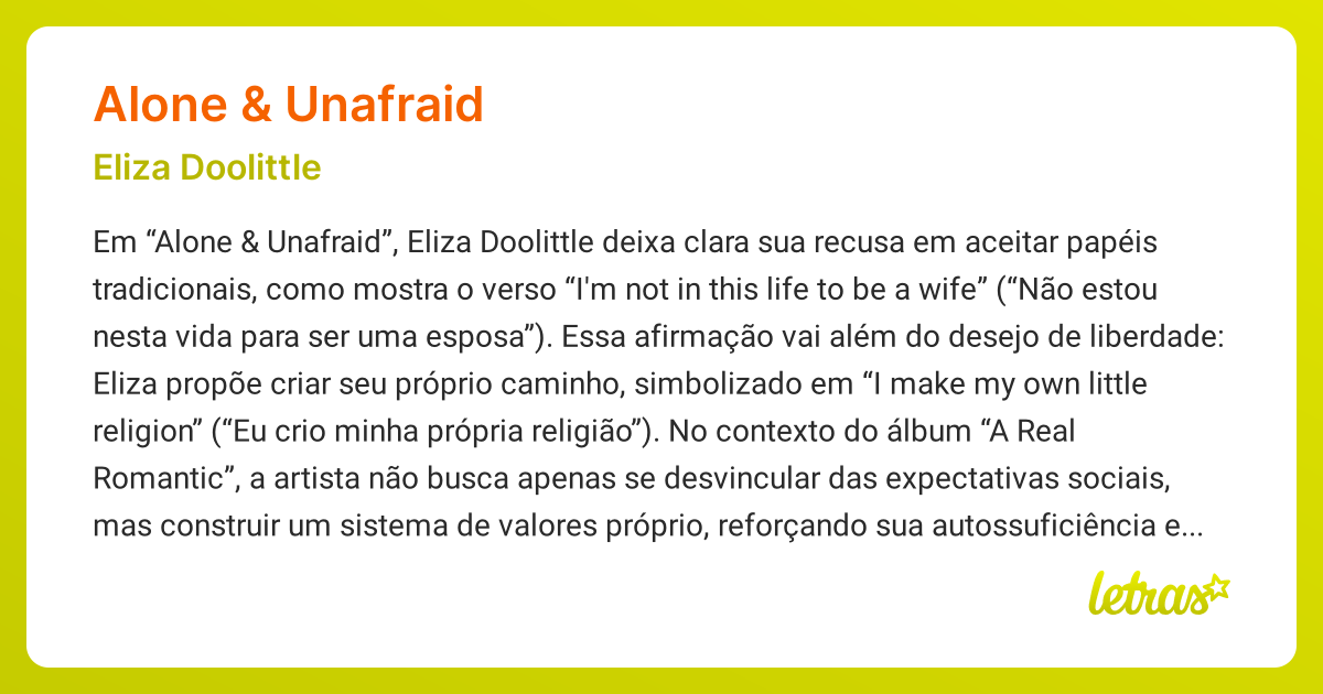 Significado da música ALONE & UNAFRAID (Eliza Doolittle) - LETRAS.MUS.BR