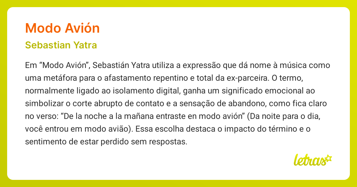 Significado da música MODO AVIÓN (Sebastián Yatra) - LETRAS.MUS.BR