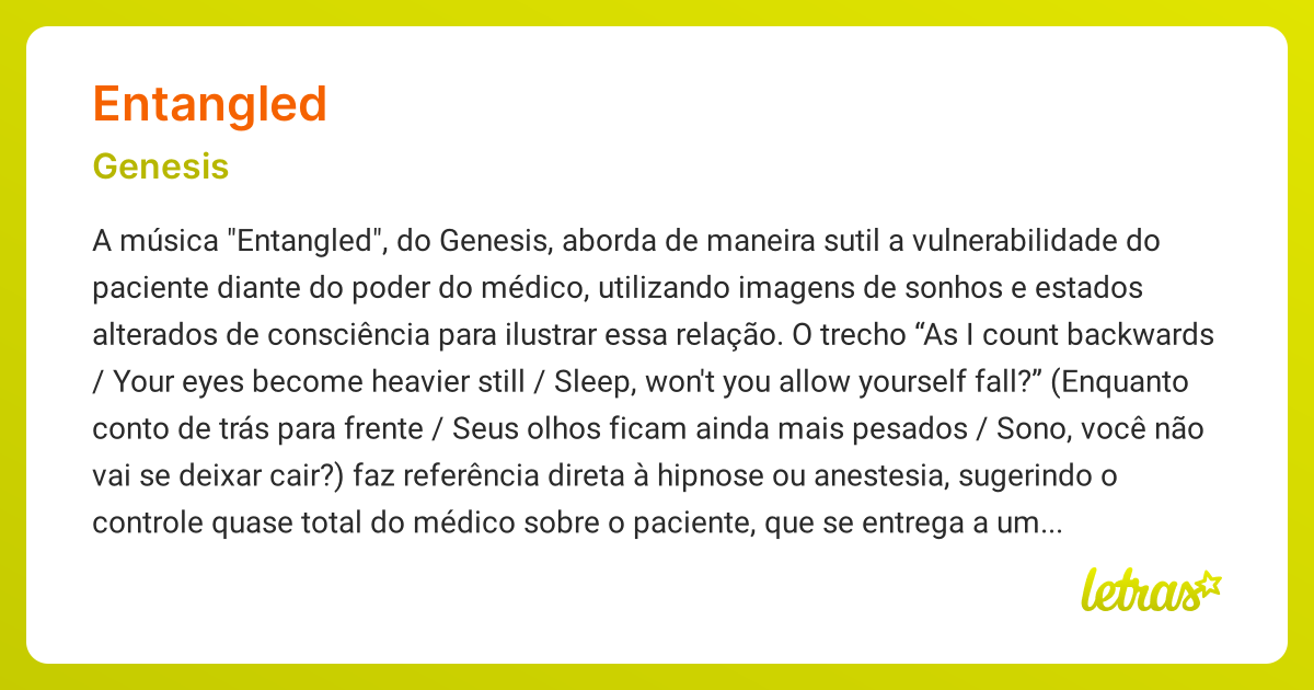 Significado da música ENTANGLED (Genesis) - LETRAS.MUS.BR