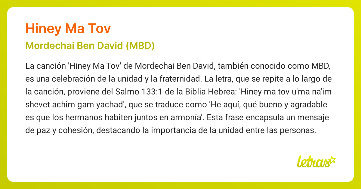 Significado de la canción HINEY MA TOV (Mordechai Ben David (MBD ...