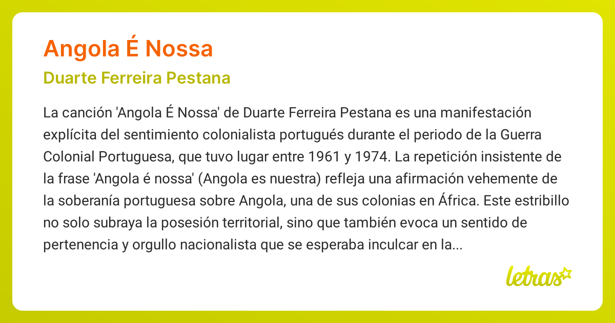 Significado de la canción ANGOLA É NOSSA (Duarte Ferreira Pestana) - LETRAS.COM