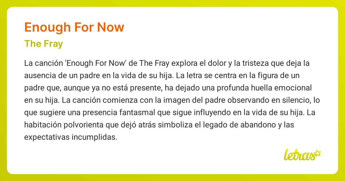 Significado de la canción ENOUGH FOR NOW (The Fray) - LETRAS.COM