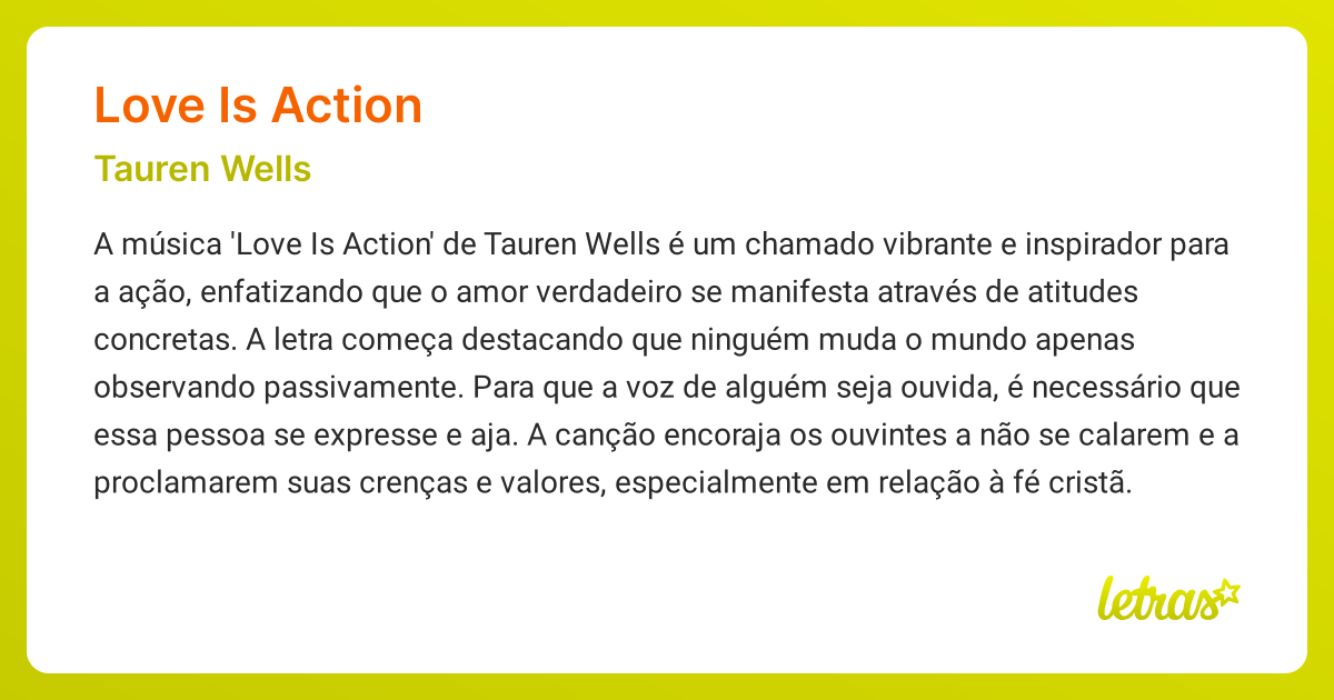 Significado da música LOVE IS ACTION (Tauren Wells) - LETRAS.MUS.BR