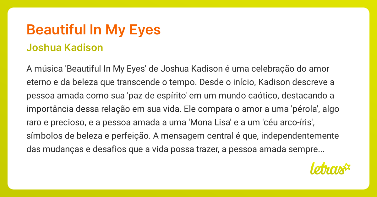 Significado da música BEAUTIFUL IN MY EYES (Joshua Kadison) - LETRAS.MUS.BR