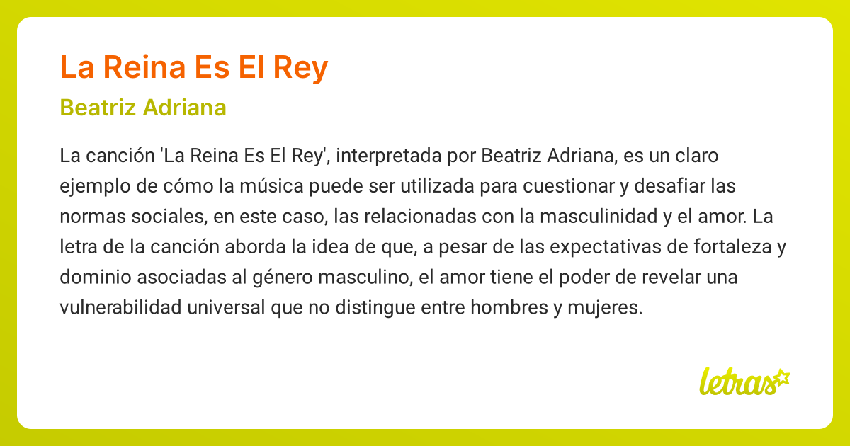 Significado de la canción LA REINA ES EL REY (Beatriz Adriana) - LETRAS.COM