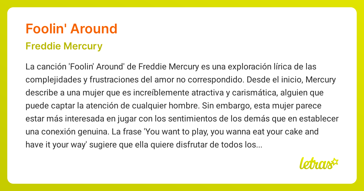 Significado de la canción FOOLIN' AROUND (Freddie Mercury) - LETRAS.COM