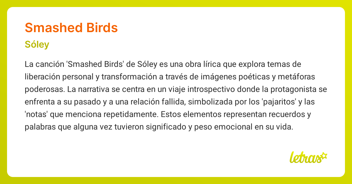 Significado de la canción SMASHED BIRDS (Sóley) - LETRAS.COM