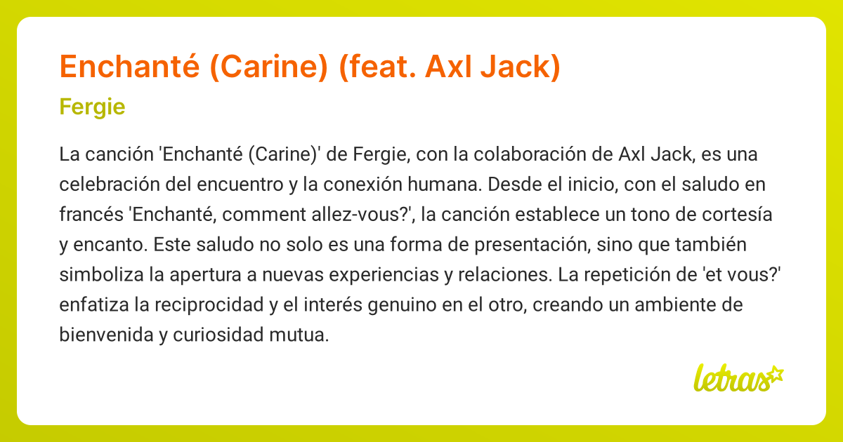 Significado de la canción Enchanté (Carine) (feat. Axl Jack) (Fergie ...
