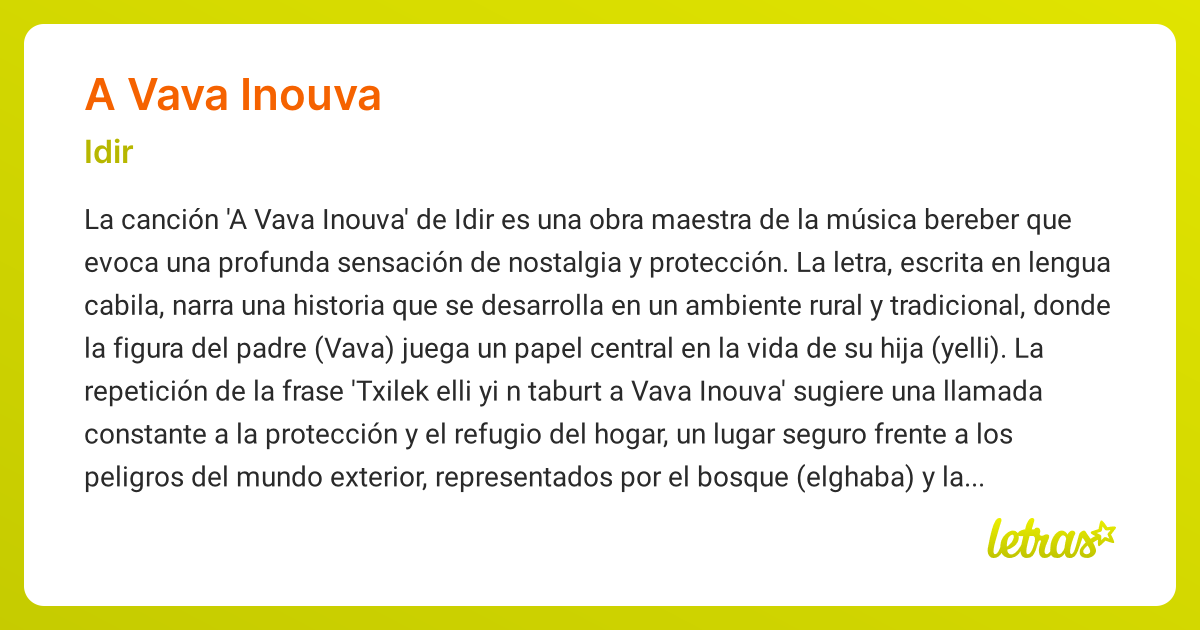 Significado de la canción A VAVA INOUVA (Idir) - LETRAS.COM
