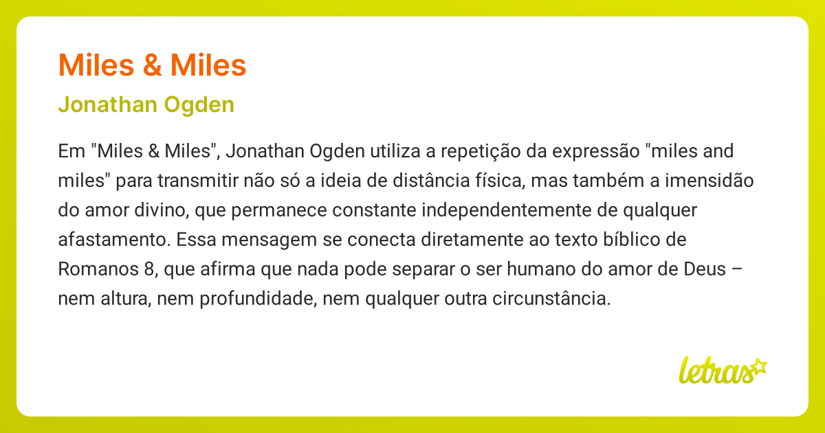 Significado da música MILES & MILES (Jonathan Ogden) - LETRAS.MUS.BR