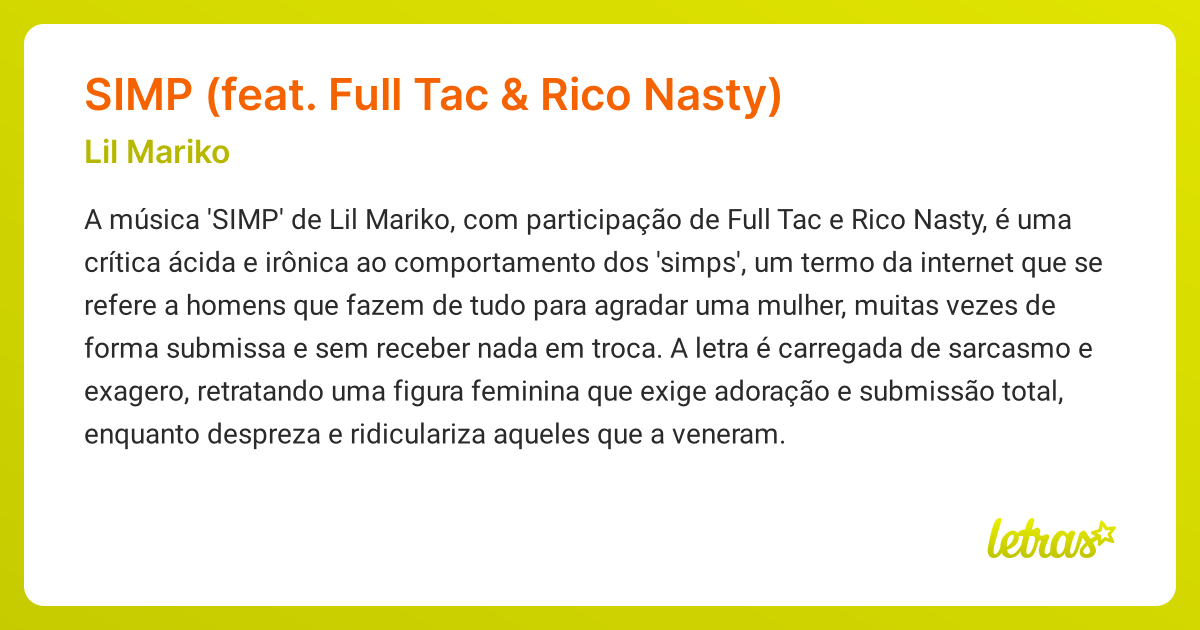 Significado da música SIMP (feat. Full Tac & Rico Nasty) (Lil Mariko ...